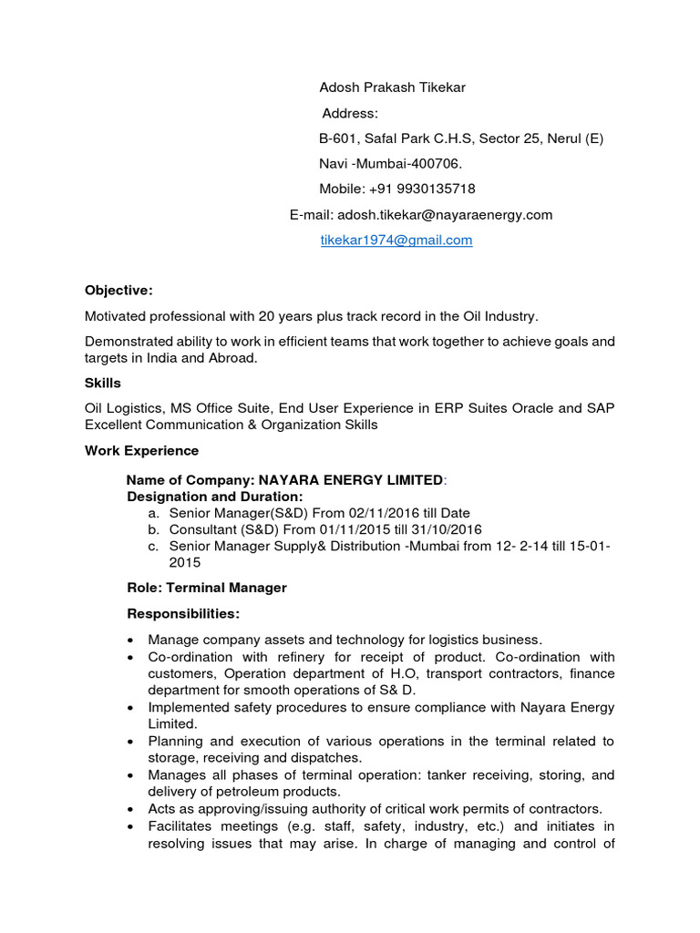 Resume Adosh Tikekar | PDF | Oil Tanker | Logistics