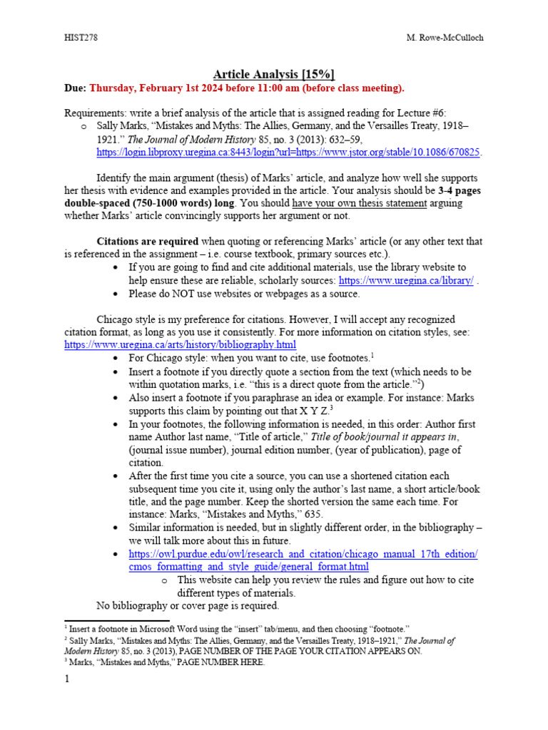 Article Analysis Guide HIST278 2024 | PDF | Citation | Written ...