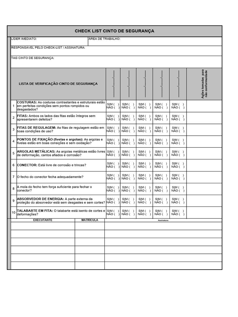 Check List Cinto de Segurança | Download grátis PDF | Barulho | Vestir-se