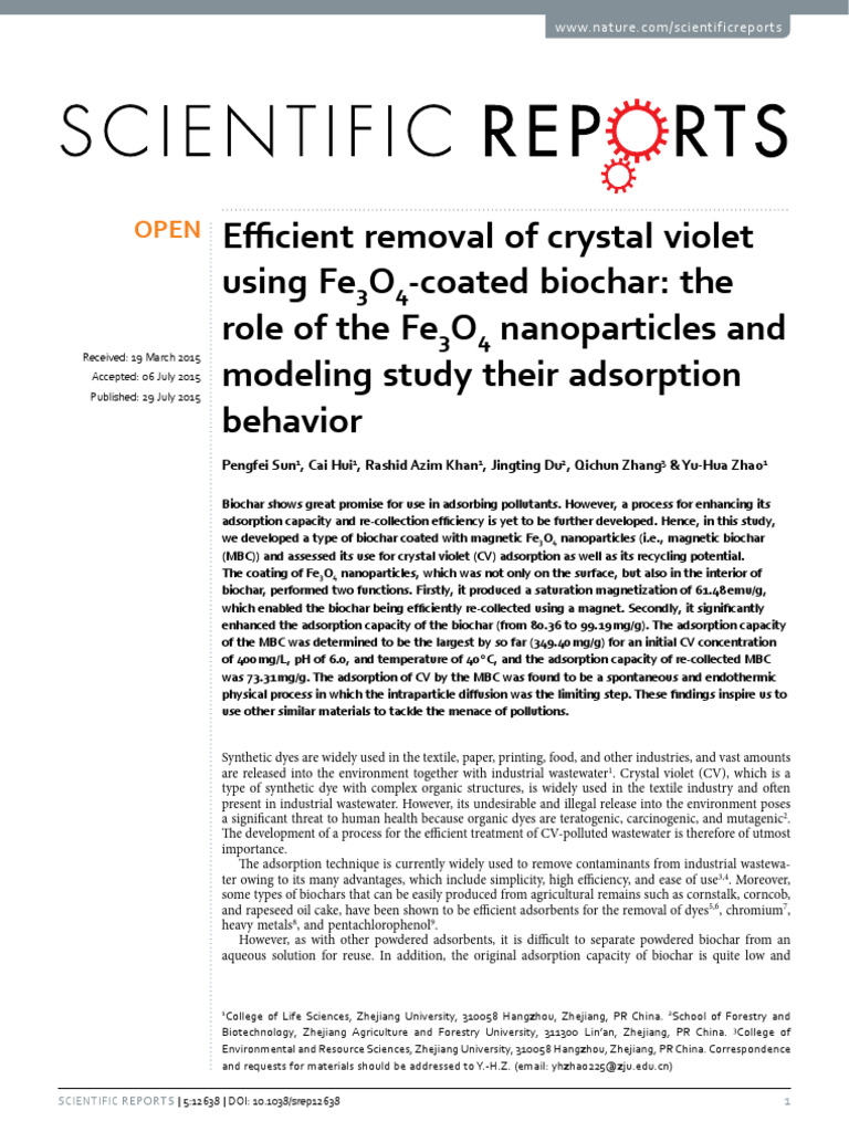 Efficient Removal of Crystal Violet Using Fe3o4 Coated Biochar The Role ...