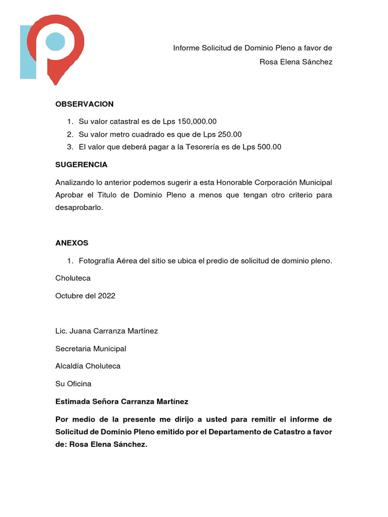 Informe Solicitud de Dominio Pleno | PDF