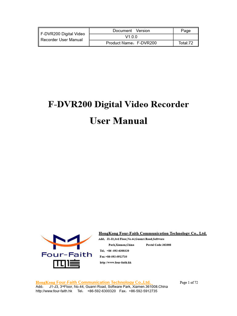 F-DVR200 Digital Video Recorder User Manual V1.0.0 | PDF
