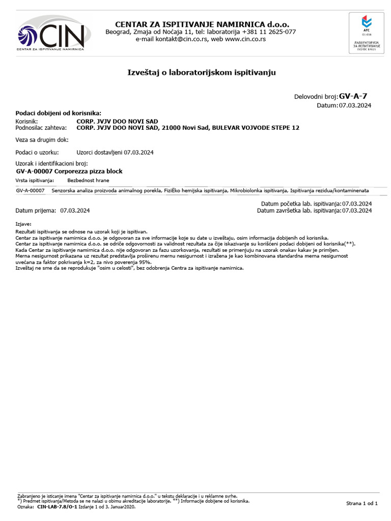 Centar Za Ispitivanje Namirnica D.O.O | PDF