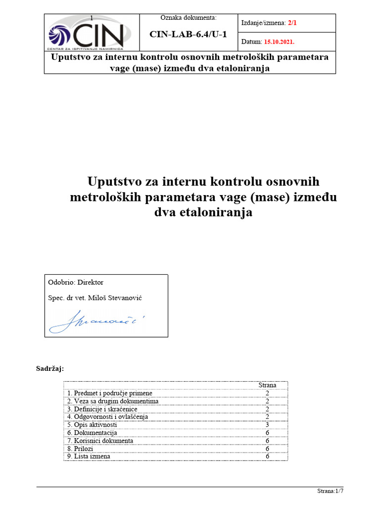 CIN - LAB - 6.4 U - 1 Uputstvo Za Internu Kontolu Vage Izd - 2 Izm - 1 ...