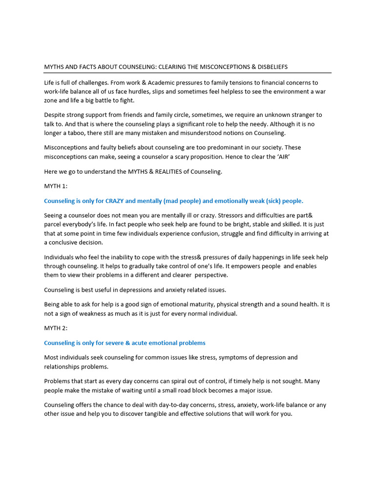Myths and Facts About Counseling | PDF | Psychotherapy | Thought