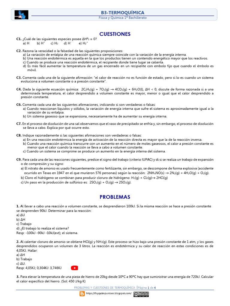U03-Termoquímica-PROB+CUEST-23.24 | PDF | Entalpía | Propiedades termodinámicas.