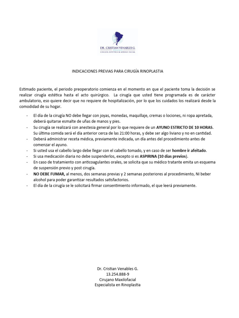 Indicaciones Previa Cirugía Rinoplastia | PDF