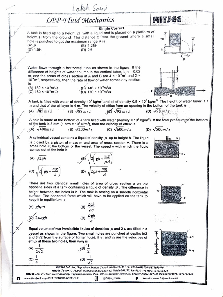 Fluid Mechanics: Efflux and Pressure Calculations | PDF | Pressure | Force