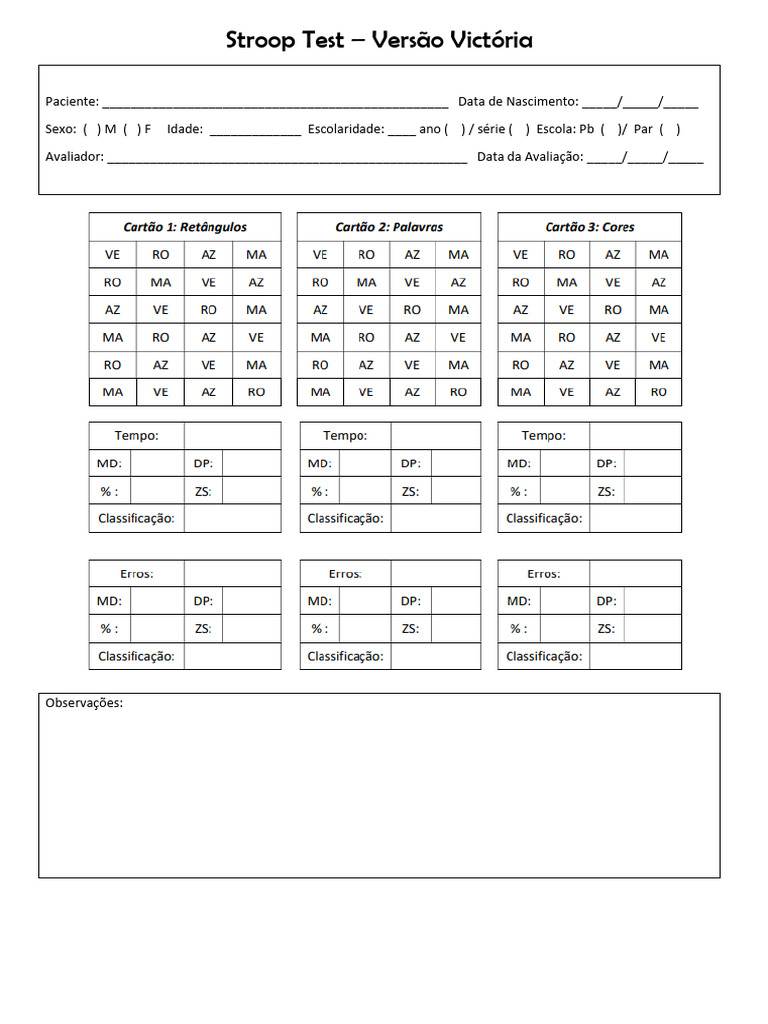1 - Folha de Aplicação - Stroop Versão Victória | PDF | Ciências e ...