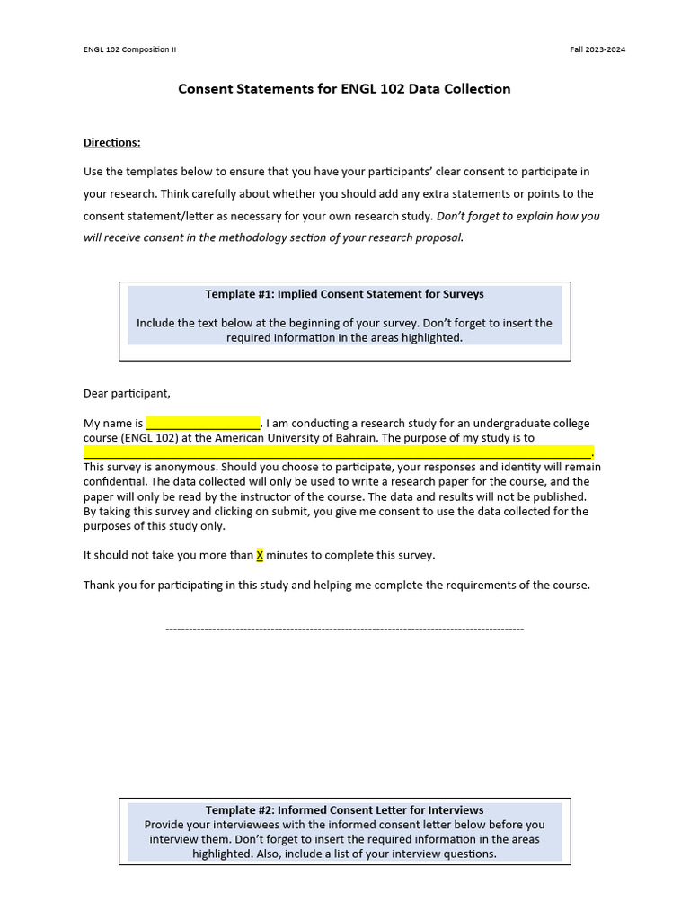 Consent Statements For ENGL 102 Data Collection | PDF | Informed Consent