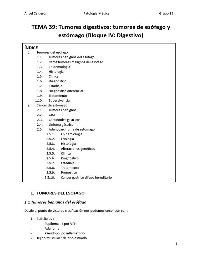 Tema 39 - Tumores del esófago y estómago | PDF | Cáncer | Metástasis