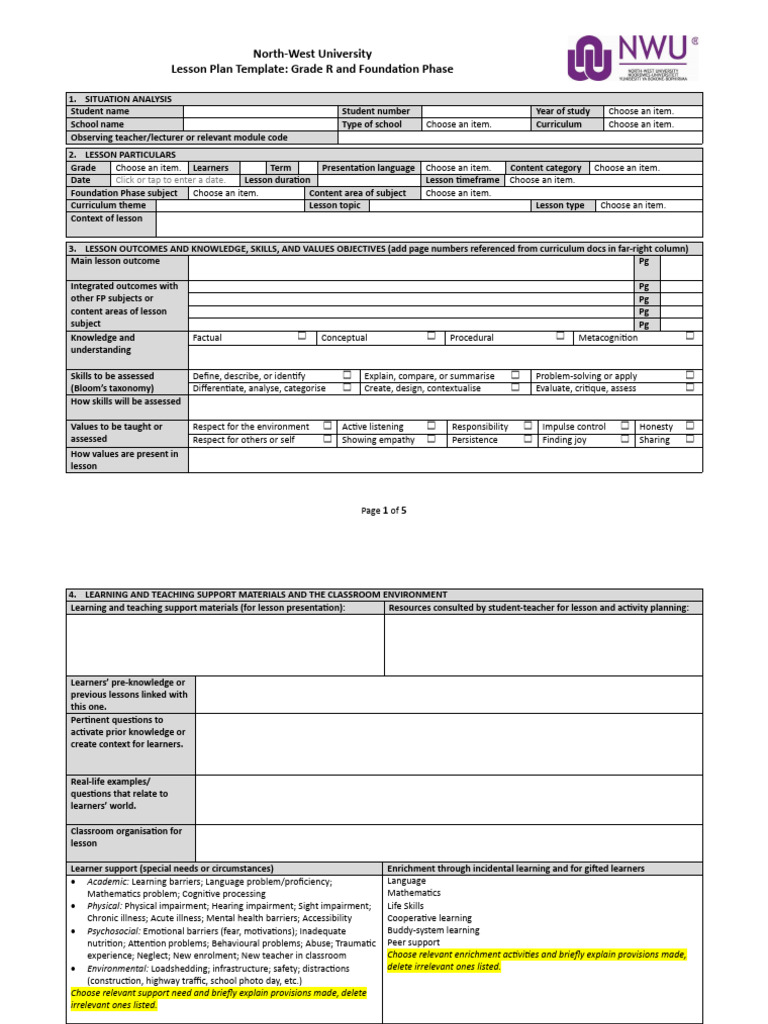Lesson Plan Template - Foundation Phase and GR R Diploma | PDF