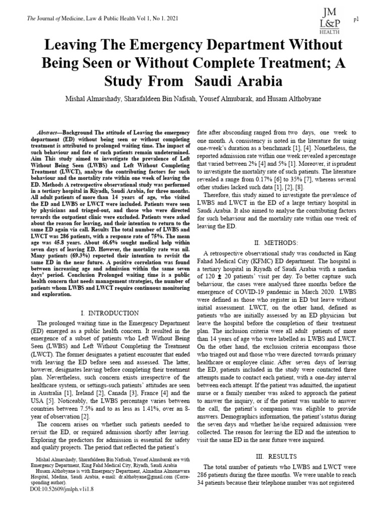 Leaving the Emergency Department Without Being Seen or Without Complete Treatment; A Study From ...