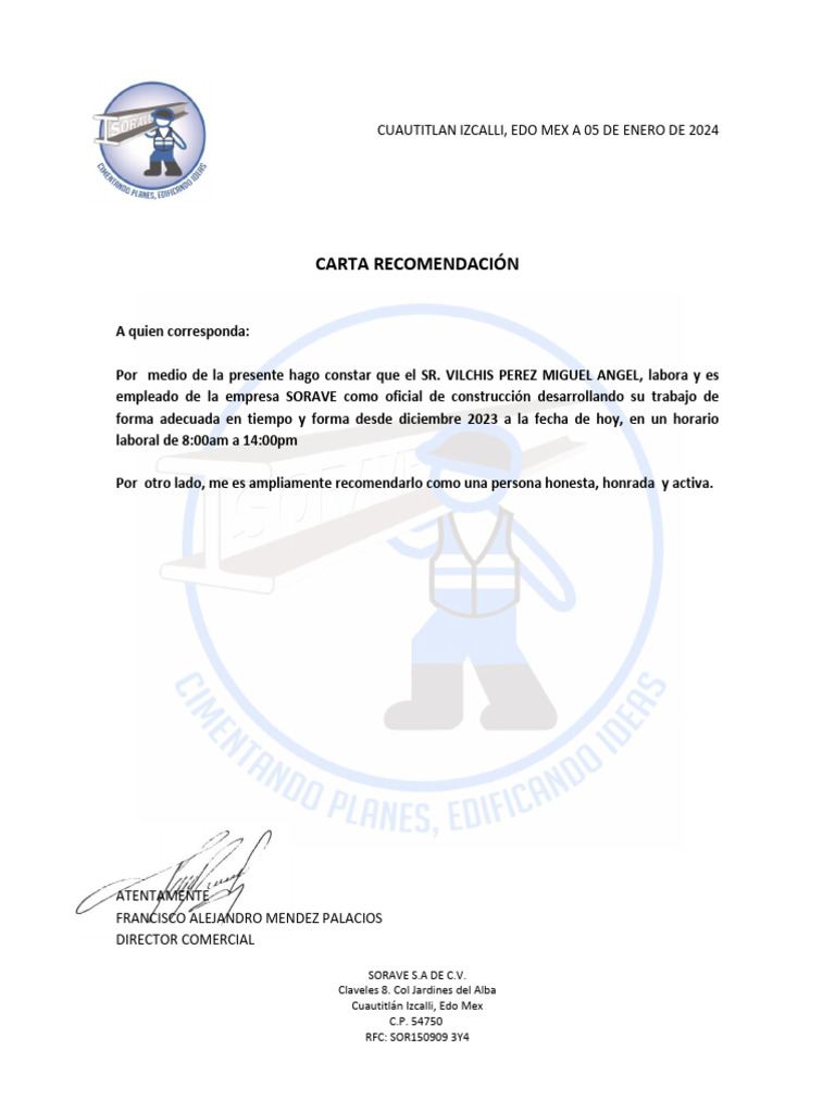 Carta Recomendacion Miguel Angel Vilchis - Empresa Sorave | PDF