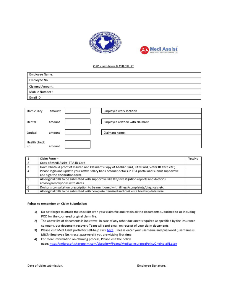 OPD Claim Form & Checklist | PDF