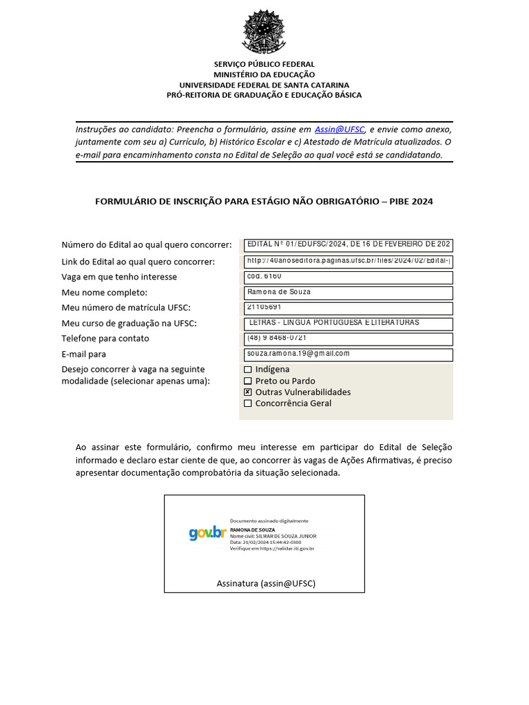 Formulario de Inscricao Para Estagio PDF Assinado | PDF