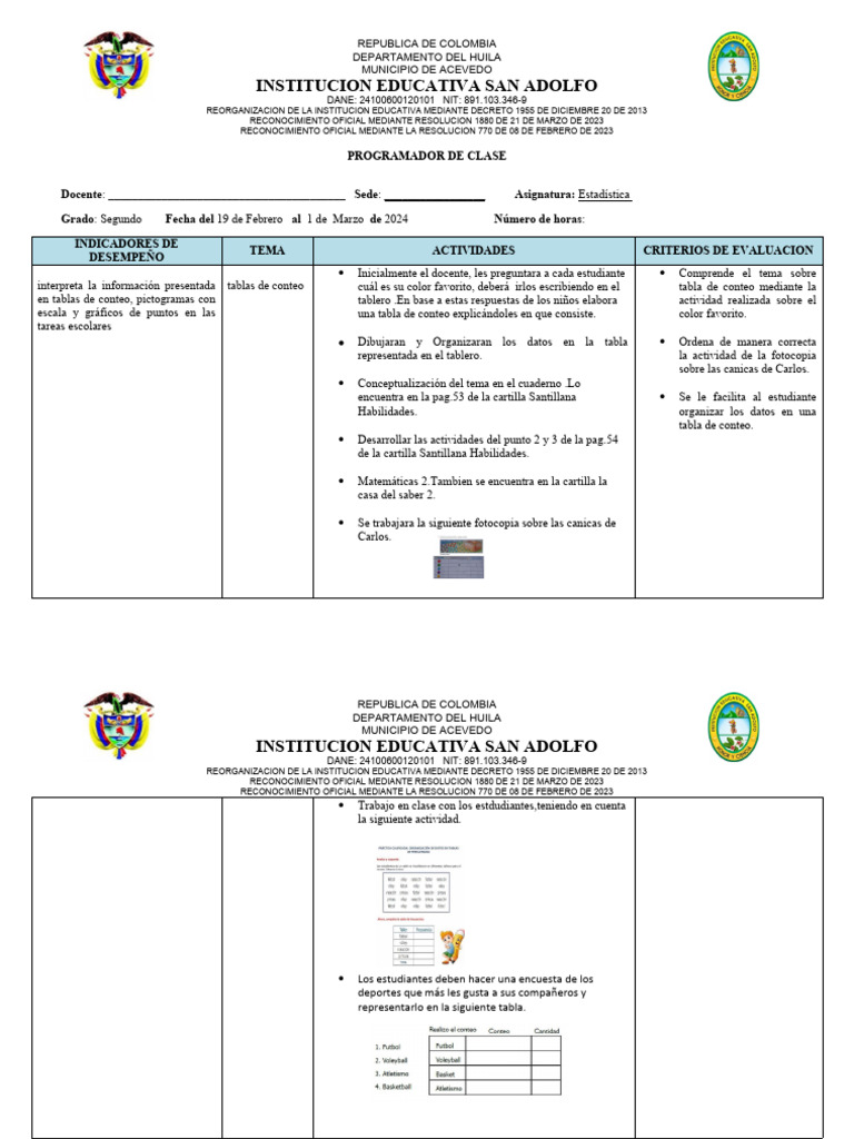 Programador de Clase Estadistica Grado Segundoo 2024 | PDF