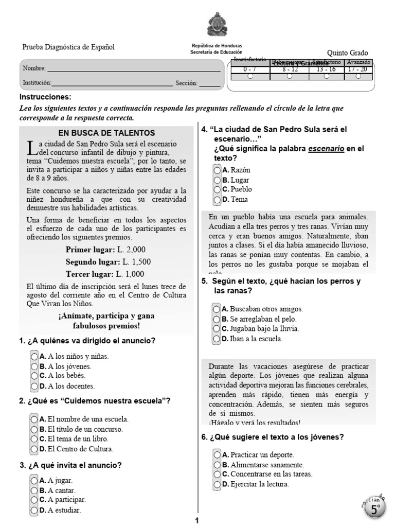 Prueba Diagnóstica Español 5to Grado | PDF