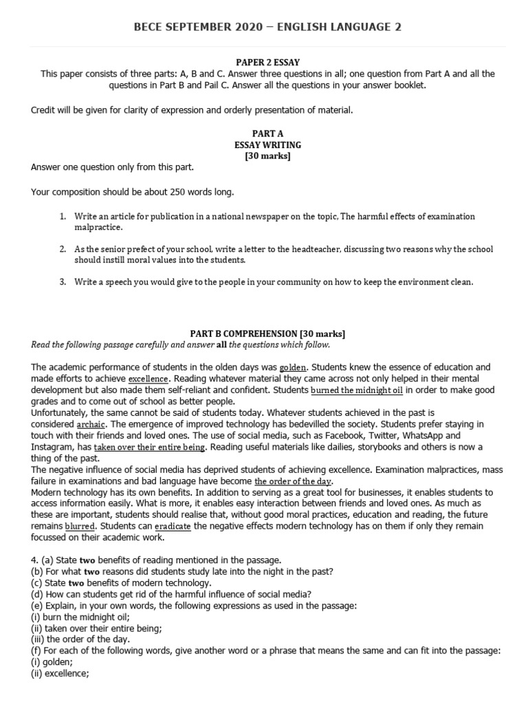 BECE 2020 English Paper 2 Overview | PDF | Foreign Language Studies