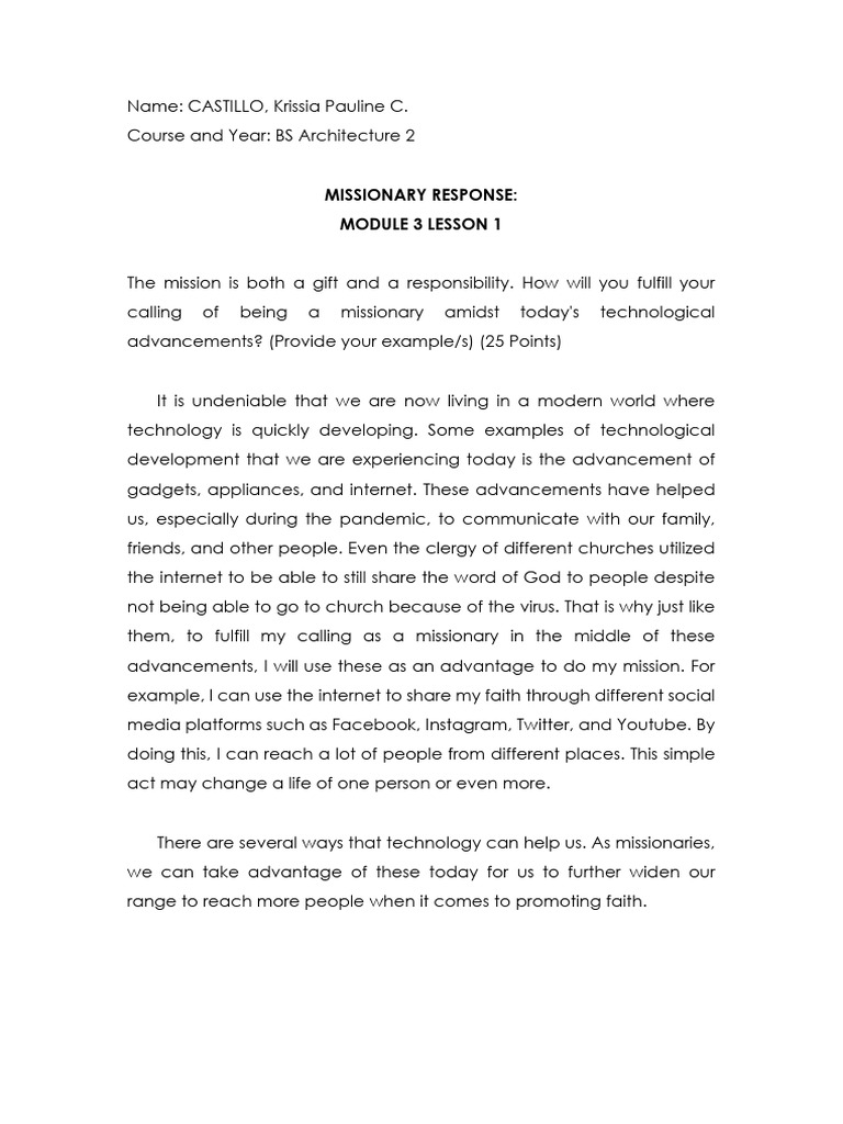 Module 3, Lesson 1 - Missionary Response-CASTILLO | PDF | Social Science