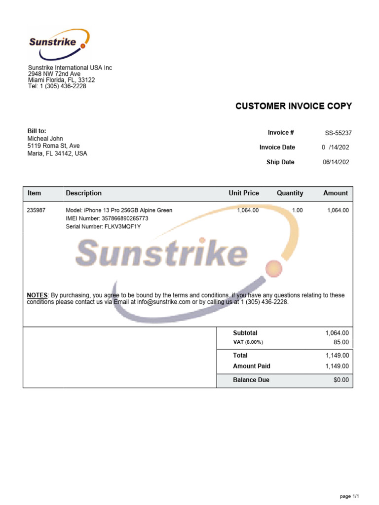 Customer Invoice Cop: Bill To: Invoice # Invoice Date 06/14/2023 S Ip ...