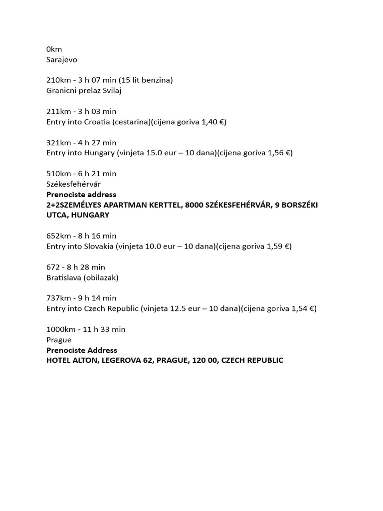 Sarajevo - Prag Plan Puta | PDF