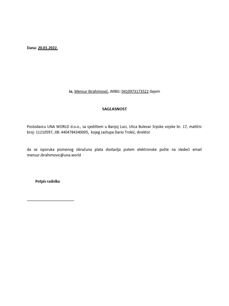 Saglasnost Radnika Za Platne Liste Putem Email-A | PDF