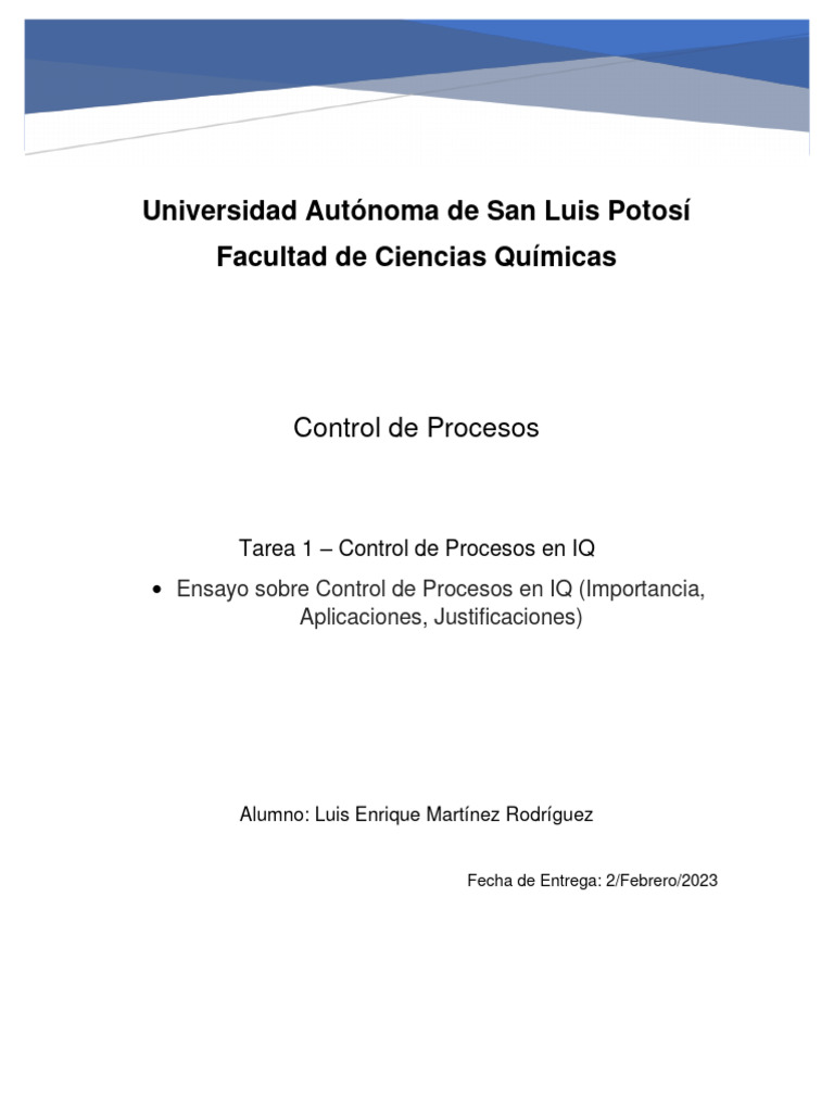 Tarea 1 - Control de Procesos en IQ - Martínez Rodríguez Luis Enrique | PDF | Sistema de control ...