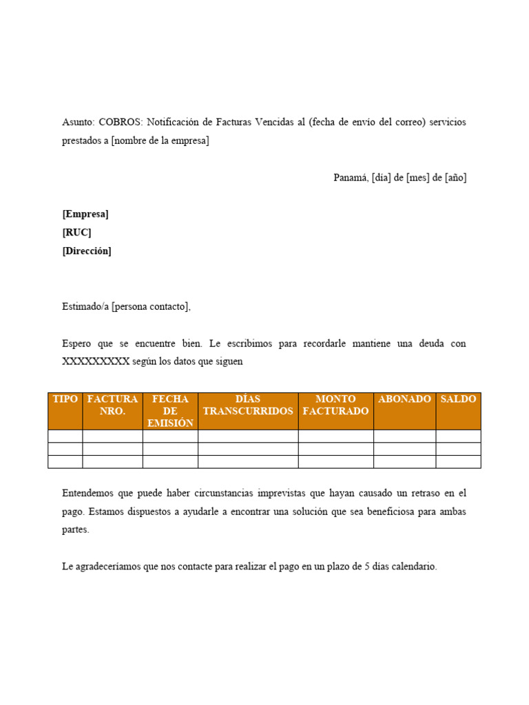 Carta de Cobro de Facturas Vencidas | PDF