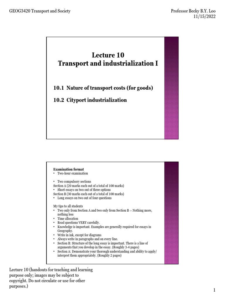 Transport and Industrialization I: 10.1 Nature of Transport Costs (For ...