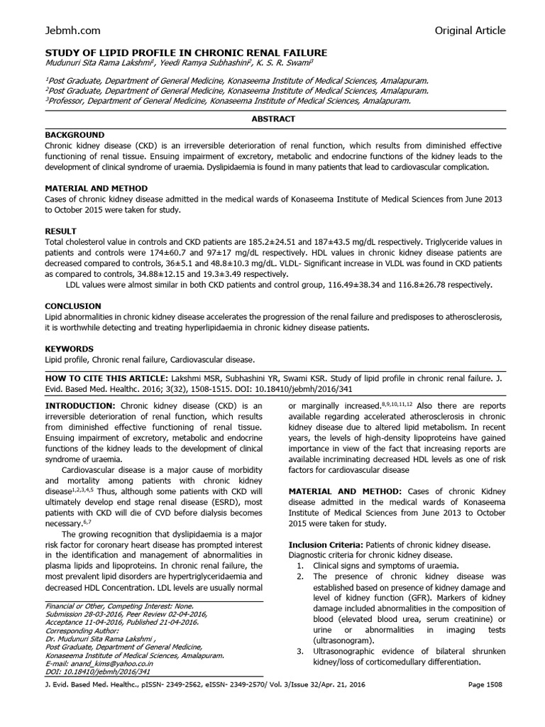Lipid Profile in Chronic Kidney Disease | PDF | Chronic Kidney Disease ...