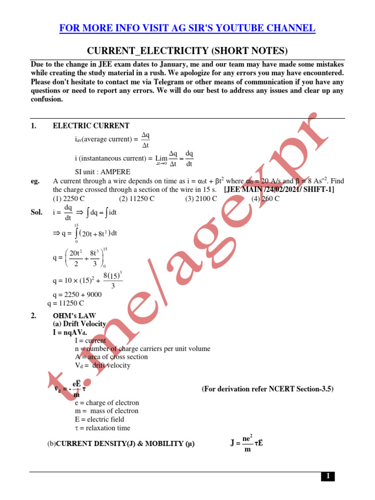 Current Electricity Short Notes Pdf Electrical Resistivity And