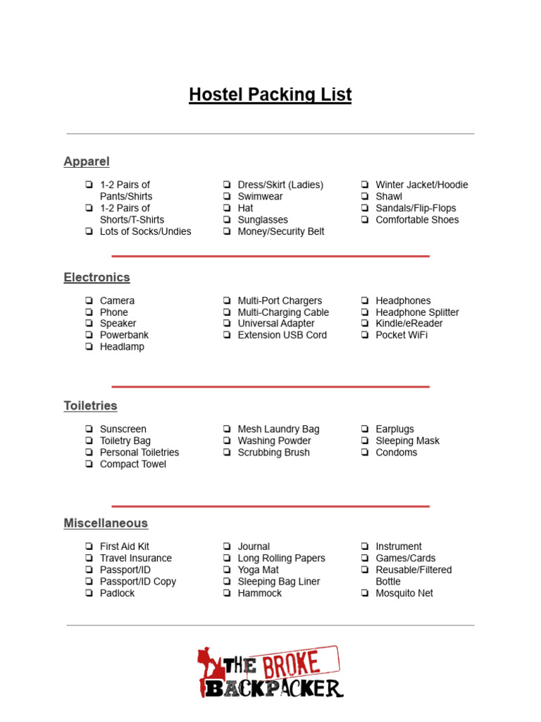Hostel Packing List | PDF