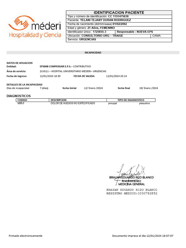 Formato Incapacidad Hospital Mederi | PDF