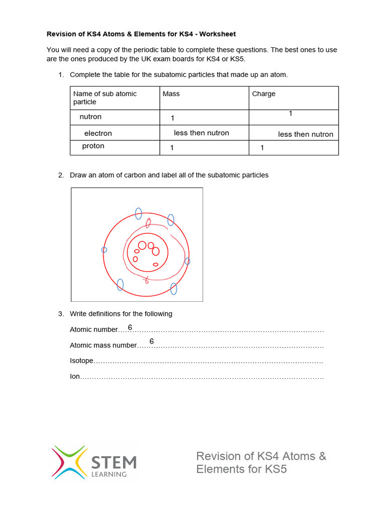 Worksheet Revision Atoms Elements ks5 | PDF