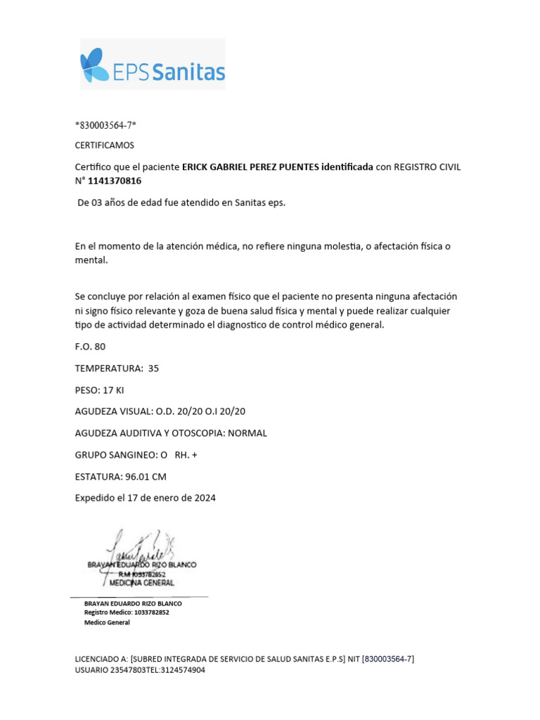 Certificado de Salud Fisica | PDF