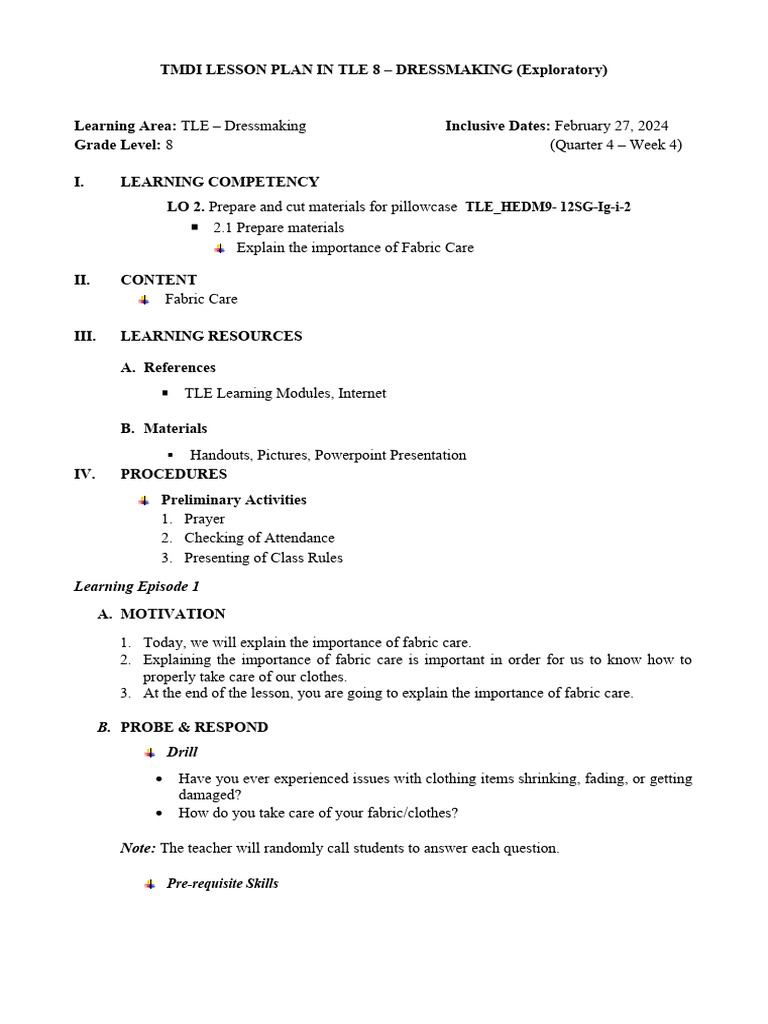 q4-Tle 8 Dressmaking Week 3 - Explain Importance | PDF | Textiles | Learning