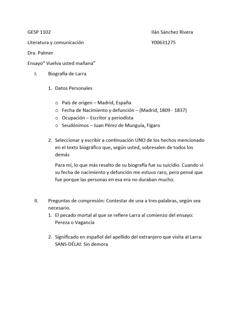 Comprensión de Ensayo - Larra | PDF