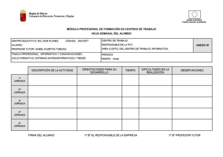 Anexo IV Hoja Semanal FCT | PDF