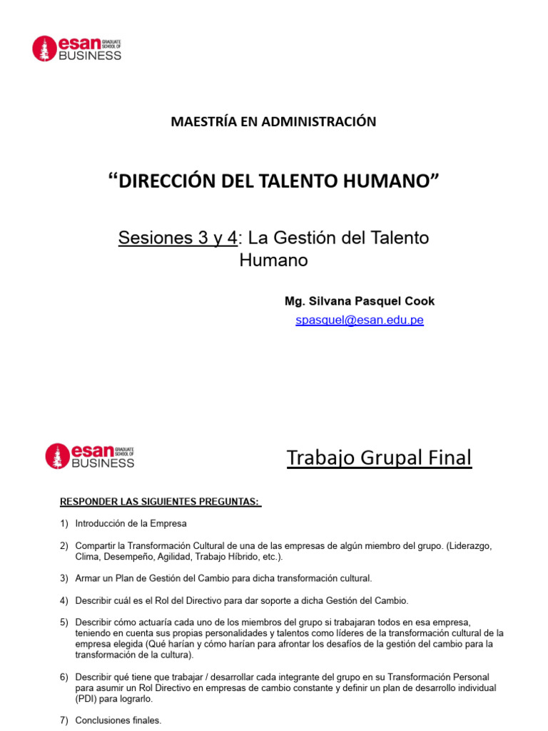 ESAN - DIRECCION DEL TALENTO HUMANO - SESIONES 3 y 4 - RVDO FINAL | PDF | Liderazgo | Gestión ...