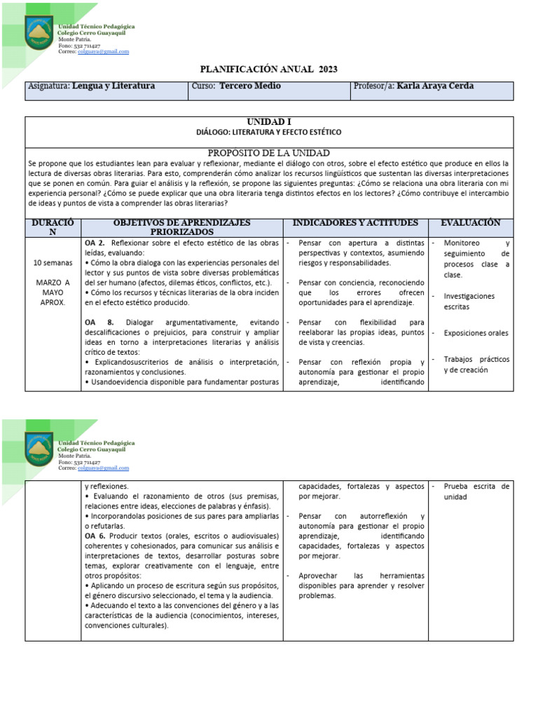 Planificación Anual Lengua y Literatura 2023 | PDF | Pensamiento ...