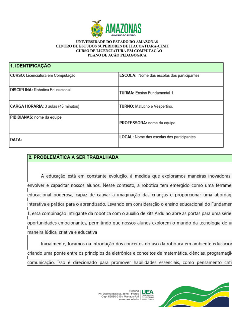 Plano de Aula - Computação - Robotica - PIBID - CESIT | PDF