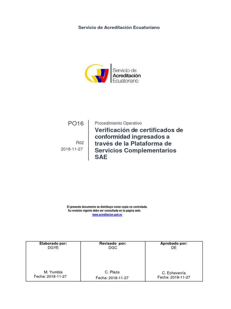 PO16 R02 Procedimiento Operativo Verificación de Certificados de Conformidad Ingresados A Través ...