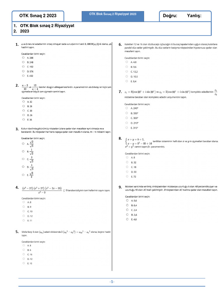 OTK Blok Sınaq 2 Riyaziyyat 2023 - 240304 - 010902 | PDF