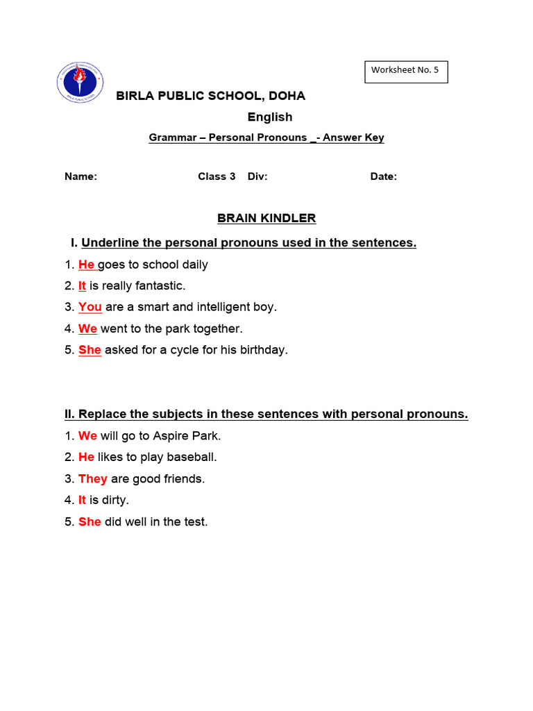 Grammar - Personal Pronouns - Answer Key | PDF