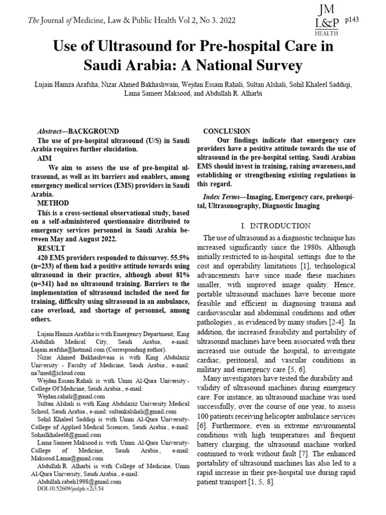 Use of Ultrasound For Pre-Hospital Care in Saudi Arabia A National Survey | PDF | Emergency ...