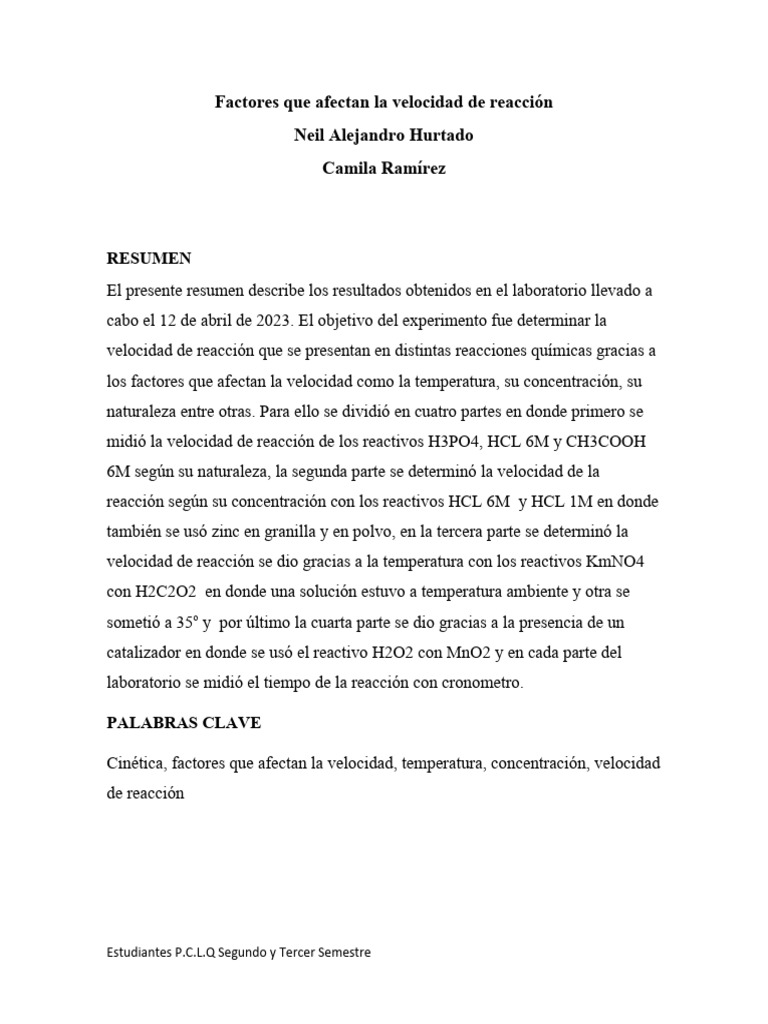 Informe de Laboratorio Cinetica | PDF | Reacciones químicas | Ácido clorhídrico