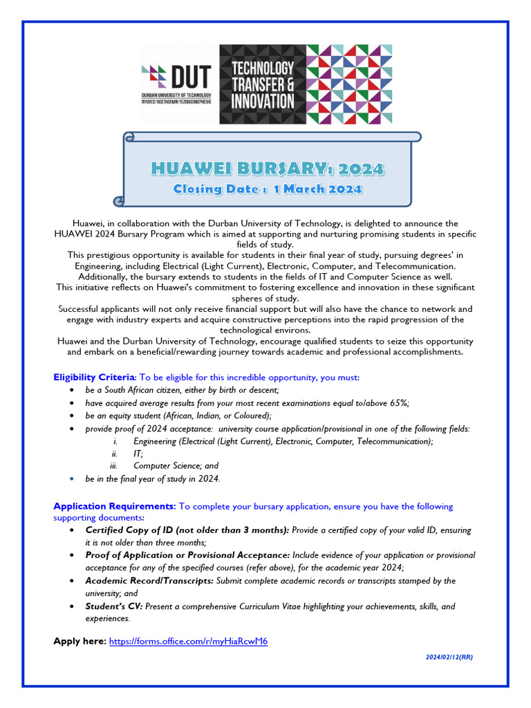 HUAWEI Bursary 2024 Advert | PDF