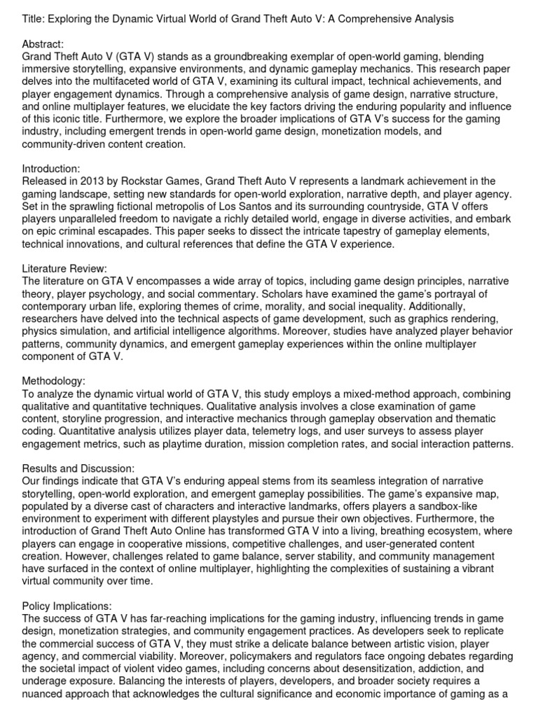 Exploring The Dynamic Virtual World of Grand Theft Auto V: A ...