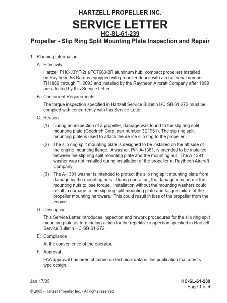 Service Letter: Hartzell Propeller Inc. HC-SL-61-239 Propeller - Slip Ring Split Mounting Plate ...